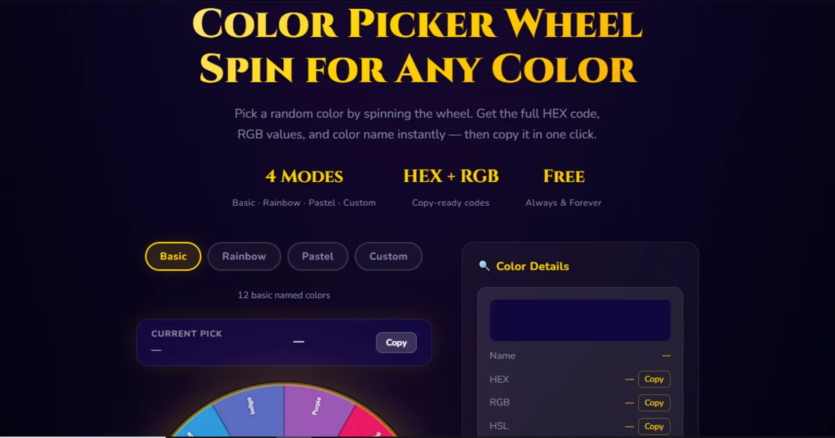 Color Picker Wheel – Free Random Color Spinner | spinthewheelsonline